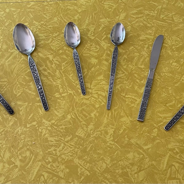 Vintage MARIA GRANDE Stainless Steel Flatware Embossed Floral and Black ...