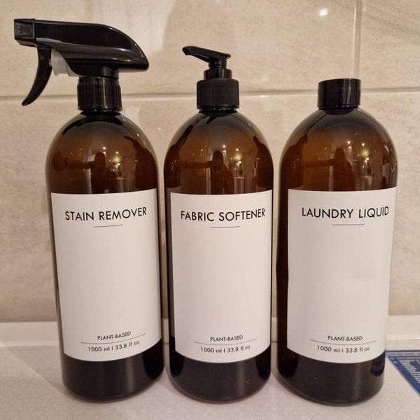 Minimalist Laundry Bottles With Waterproof Label// Refillable 1L Bottle ...