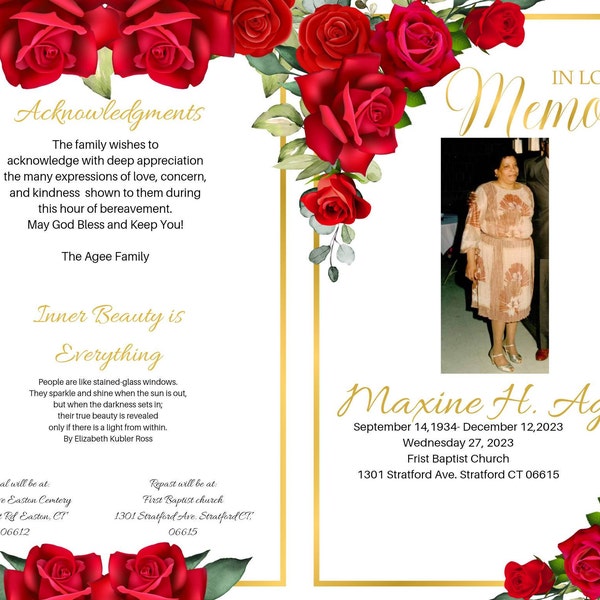 Purple White Roses Funeral Program Template 11x17 Purple White Flowers ...