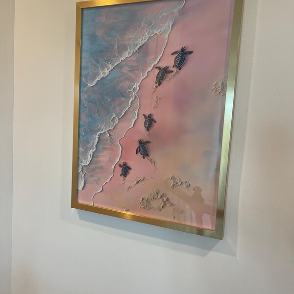 Whimsical Painting of Turtles on the Beach in Soft Pink Tones Coastal ...
