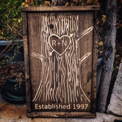 Initials in Heart Tree, Couples Name Sign, Carved Names, Engraved ...