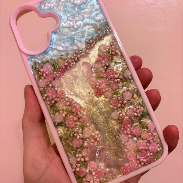 Handmade Resin Phone Case With Iridescent Glitter, Pearl Accents, and ...