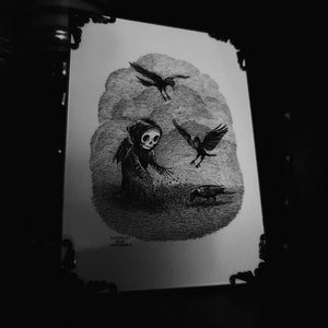 5x7 Spooky Art Print, Pen and Ink Drawing of Cute Grim Reaper Feeding ...