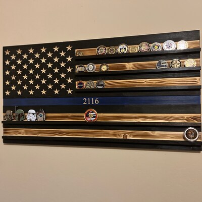 Blue Line Challenge Coin Display Flag, Retirement Gift for Police ...