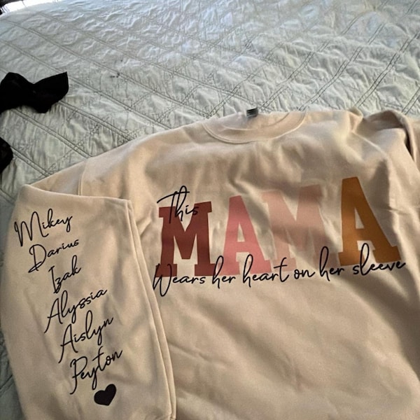 Custom This Mama Wears Her Heart on Her Sleeve Hoodie, Personalized Mom ...