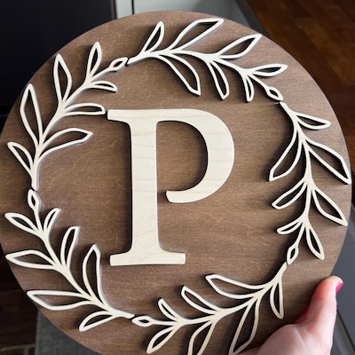 Wooden Round Monogram Sign With Laurels Custom Wood Initial Circle ...