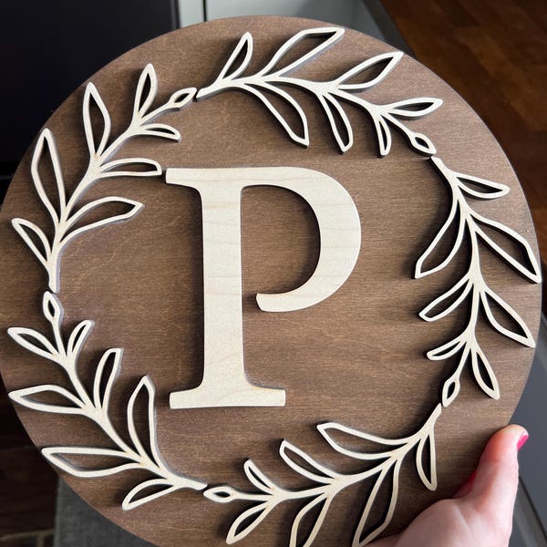 Wooden Round Monogram Sign With Laurels ~ Custom Wood Initial Circle ...