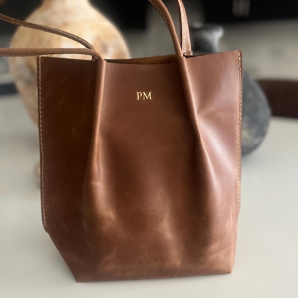 Cognac Leather Tote, Tote Leather Bag, Leather Tote Bag, Small Tote Bag ...