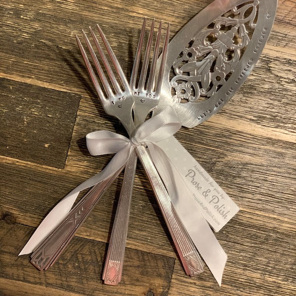 Hand Stamped Wedding Pie Server and Dessert Forks - Let's Eat Pie ...