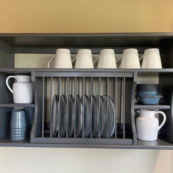 NEW Deluxe Split Shelf Cabinet Wall Counter Wood Plate Dish Rack Mugs ...