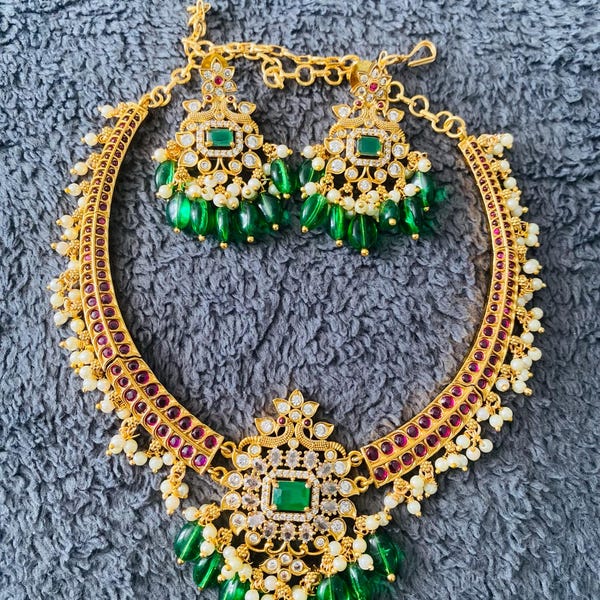 Traditional Mango Long Haram With Red Stone and Earrings/ South ...
