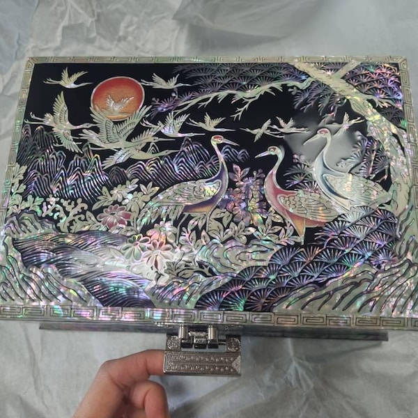 Mother of Pearl Blue Inlay Wood Box Abalone Shell Wooden Storage Korean ...