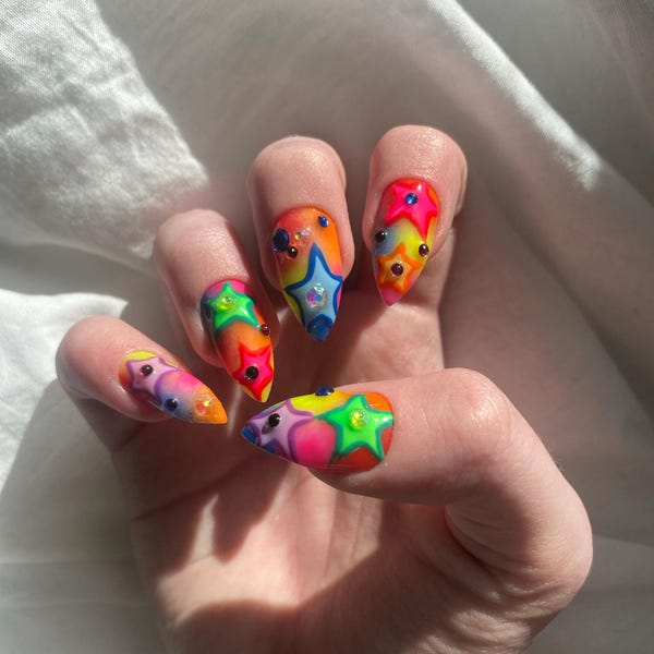 Red Flames Fake Nails Glossy Red Black Press on Nails Coffin Glue on ...