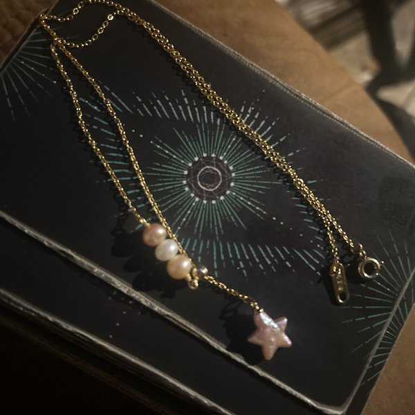 18k Lariat Pink Pearl Star Necklace, Y Necklace With Freshwater Star ...