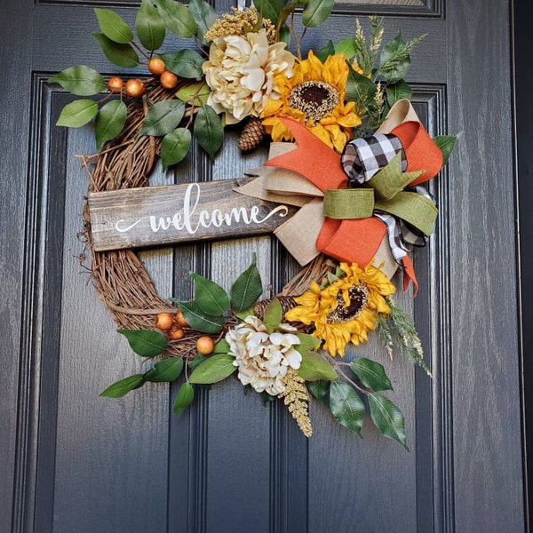 Fall Sunflower Welcome Wreath, Fall Wreath, Fall Farmhouse Wreath, Fall ...