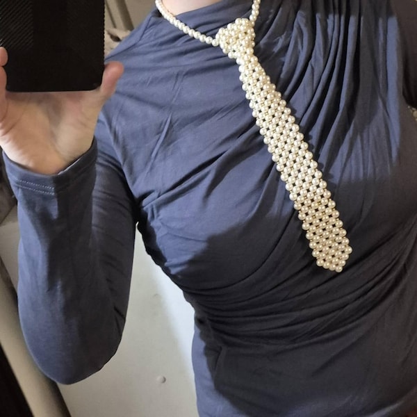 Handmade Ivory/beige Pearl Tie, Pearl Party Tie Necklace, Vintage Faux ...