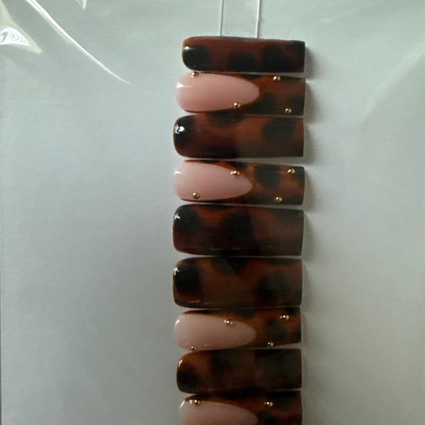 Tortoise & Gold Bead French Tip Press on Nails|fall Nails|neutral Nails ...