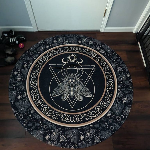 Round Witchy Cicada Rug, Circular Occult Moth Area Carpet W Gothic ...
