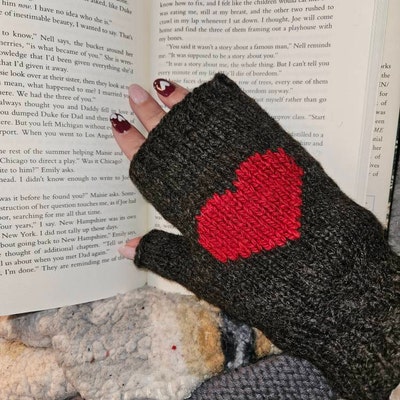 Hand Knit Gray Flower Fingerless Gloves Wool Texting Mittens Fleece ...