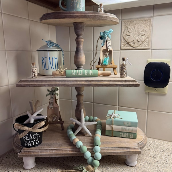 Farmhouse Beach Mini Wood Book Stack, Beach Decor, Beach Tiered Tray Decor, Nautical Decor, Sea ...