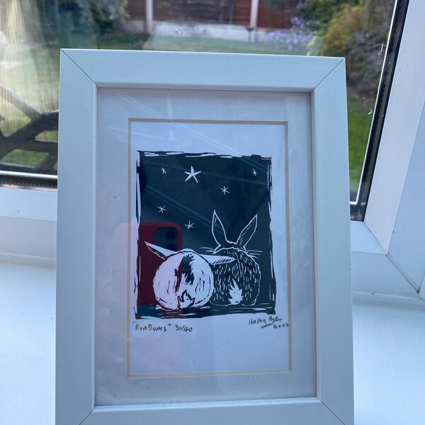 Handmade Linocut Print on Wood Rabbit Hare Decoration With Copper Stars ...