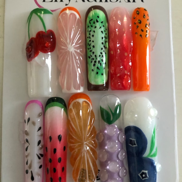 Colorful Fruit Lover Press on Nails, Summer Holiday Fake Nails, Fresh ...