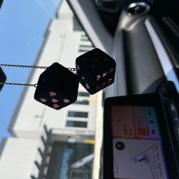Black Fuzzy Dice With Light Pink Sparkle Hearts and Chain or Cord / Car ...