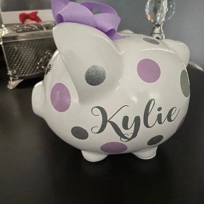 Personalized 9large Piggy Bank Light Pink and Glitter Silver Polka Dot ...