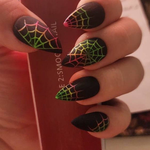 Handpainted Neon Spider Webs Nails/ Matte Black Nails/glow in the Dark ...