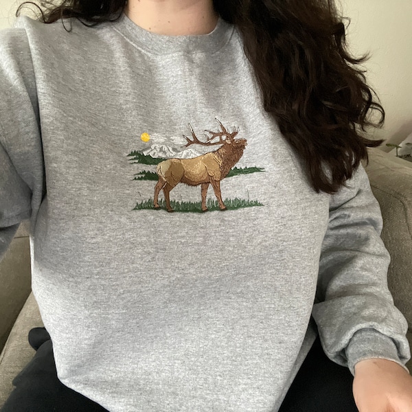 Sunrise Elk Embroidered Crewneck - Etsy