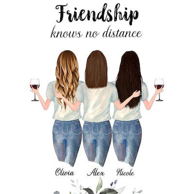 3 Friends Portrait Custom Print, Group of Friends Print Personalized, 3 ...