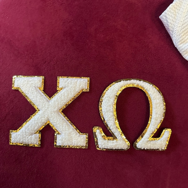 Greek Letter Patches - Iron-on White Chenille & Gold Glitter Trim ...
