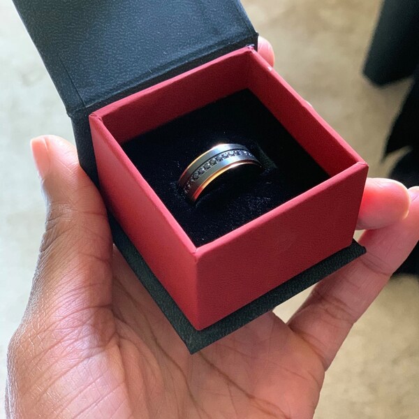 Flat Brushed Black Titanium Ring With Rose Gold Edges, Black Sapphire ...