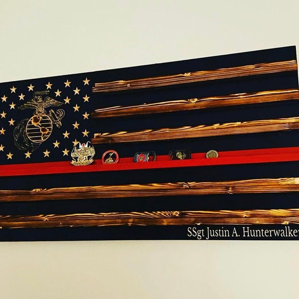 Subdued USMC Marines Wooden American Flag Challenge Coin Display, Holds ...