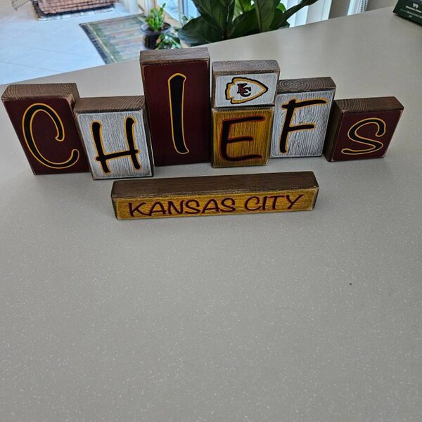 KC Chiefs Wood Block Set 22”x9”x1.5”shelf Sitter Block Sign/football ...
