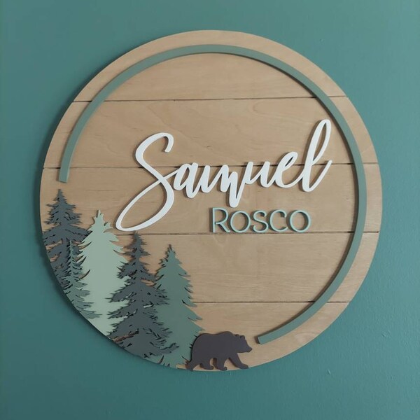 24 Forest Wood Name Sign 24 Round Sign Nursery Bear Woodland Baby ...