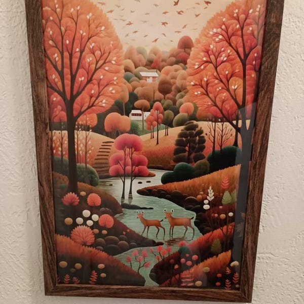 Fall Town Folk Art Print | Scenic Thanksgiving Wall Art, Autumn Pumpkin ...
