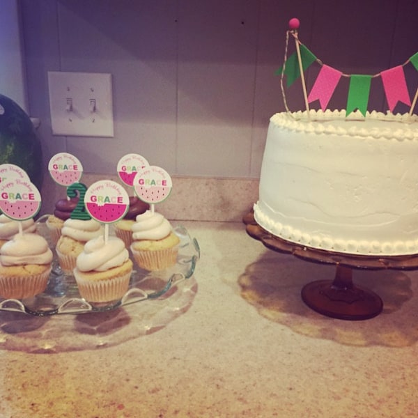 Preppy Hot Pink & Green Birthday Cake Bunting Pennant Flag Cake Topper ...