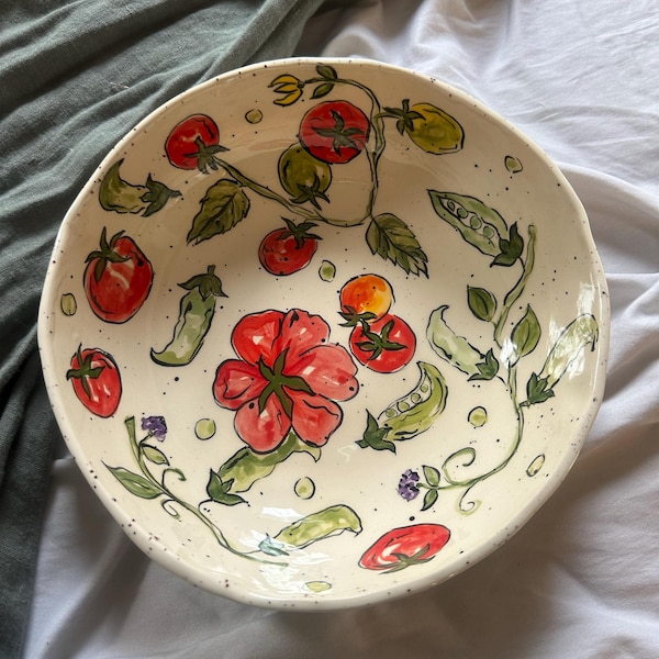 Hand Painted Tomato Salad Plate, Floral Stoneware Bowl, Ceramic Gift ...
