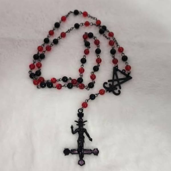 Choker Rosary Necklace - Pentagram Bats Coffin Lucifer Sigil - Red ...