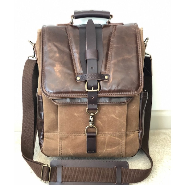Vertical Laptop Messenger Bag - Leather and Waxed Canvas - 010115 - Etsy