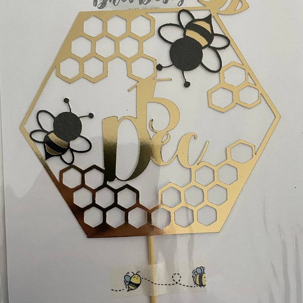 Bee Personalised Honeycomb Gold Cake Topper - One - Gold and Black ...