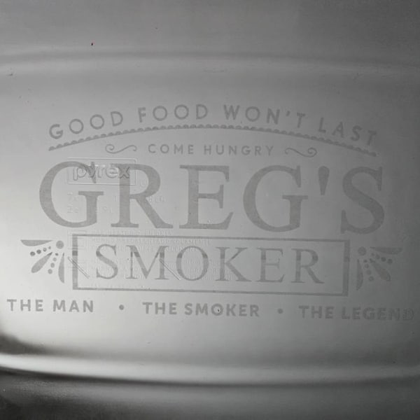 Customizable BBQ, Grill or Smoker Etched Glass Pan With Blue or Red Lid ...