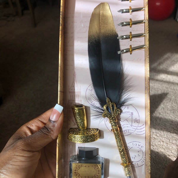 Gold Tipped Black Feather Quill Pen Gift Set With Antiqued Gold ...
