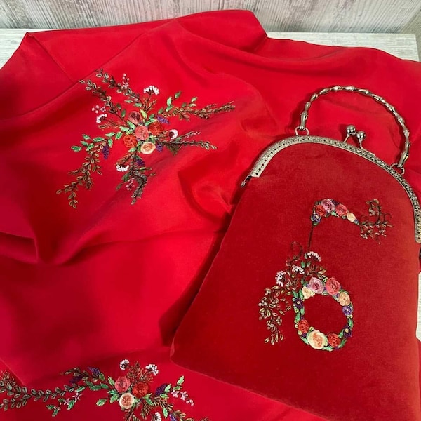 Terracotta Velvet Bag With Flower Embroidery, Handmade Vintage Bag, Top ...