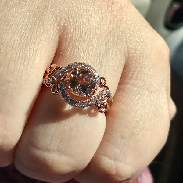 14K Rose Gold Nature Inspired Ring Peach Pink Morganite Engagement Ring ...