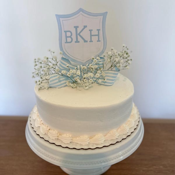 Watercolor Blue ONE Cake Topper & Monogram Blue Crest Cake Topper ...