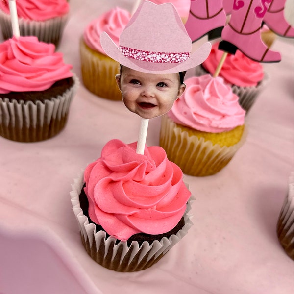 Rodeo Cupcake Toppers With Photo and Pink Cowgirl Hat, Face Cupcake ...
