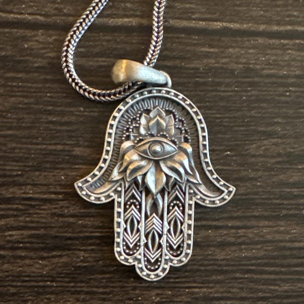 Hamsa Charm Necklace, Silver Hand of Fatima, Evil Eye, Protection ...