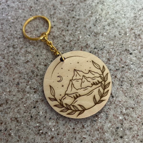 Mountain Keychains | Boho Landscape Keychain | Engraved Wood Keychain ...